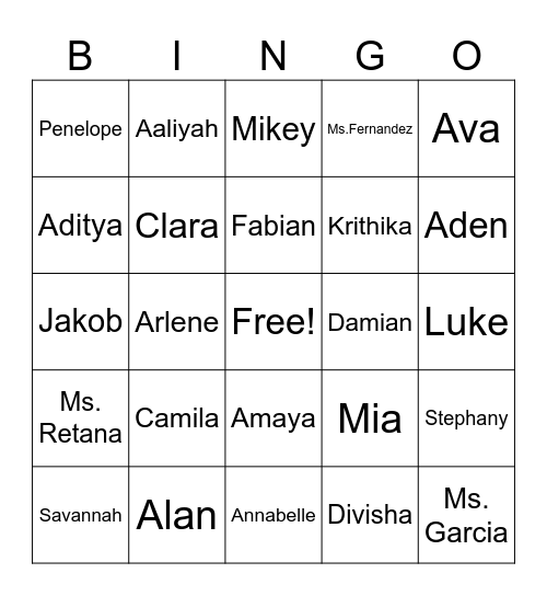 Names Bingo Card