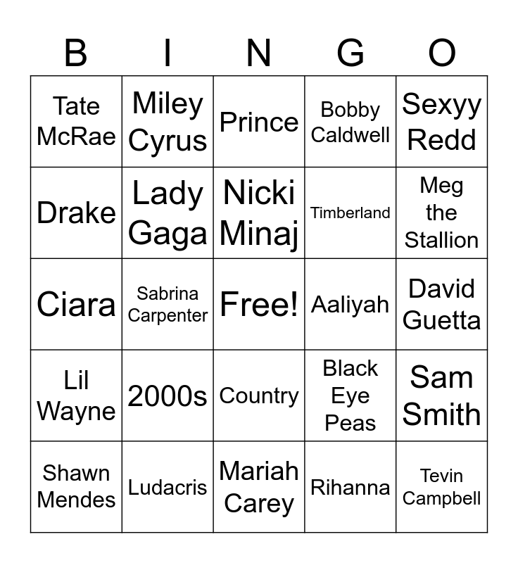 Jukebox Bingo Card