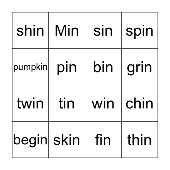 "in" BINGO Card