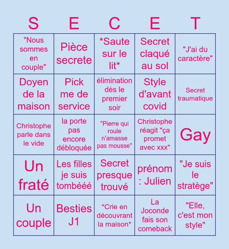 Secret Story Prime 1 2025 Bingo Card