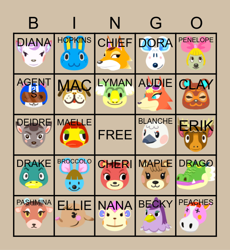 ACNH Villager Hunt Bingo Card