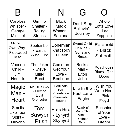 Classic Hit's Bingo Card