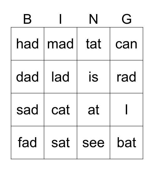 -ad-at Word Family Bingo Card