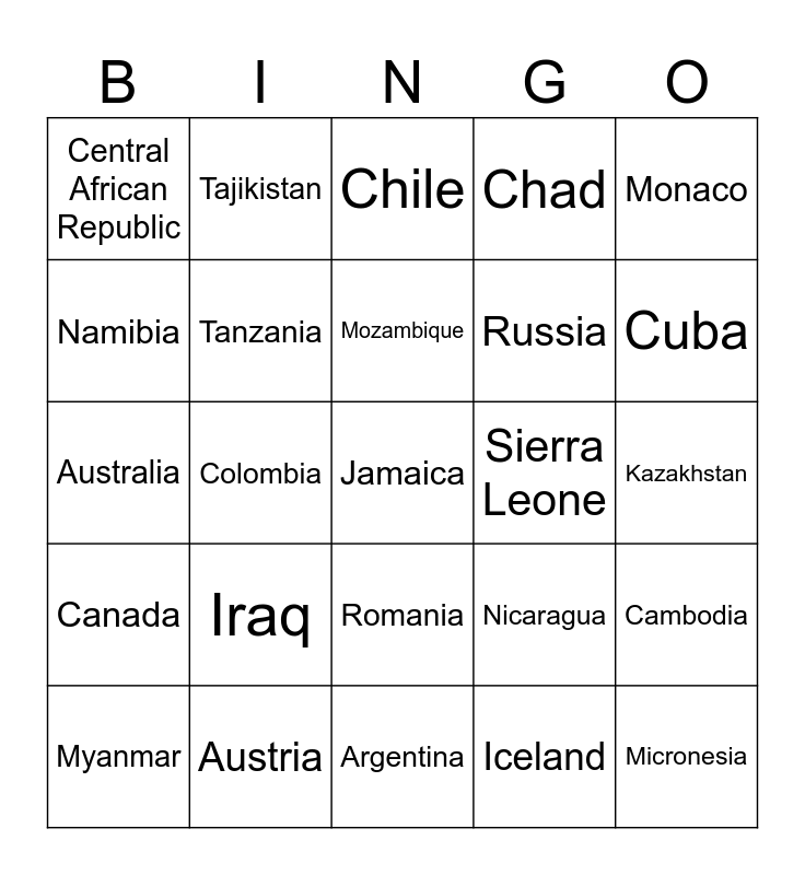 COUNTRIES OF THE WORLD Bingo Card