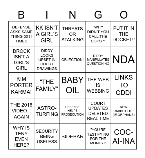 DIDDY TRIAL BINGO Card