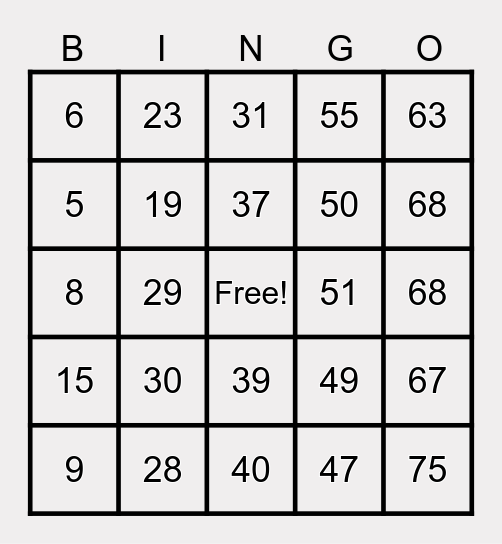 Number Bingo 1-75 Bingo Card