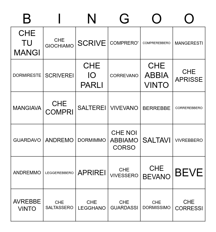Tombola dei verbi Bingo Card