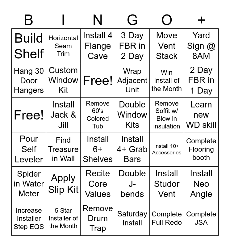 FBR Installer Bingo Card