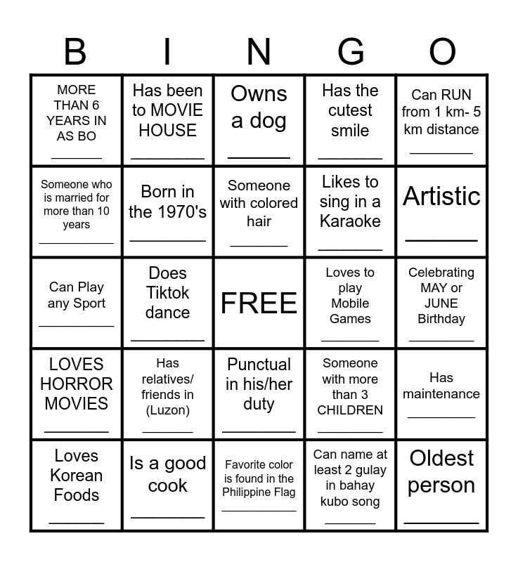 FILIPINO HUMAN BINGO Card