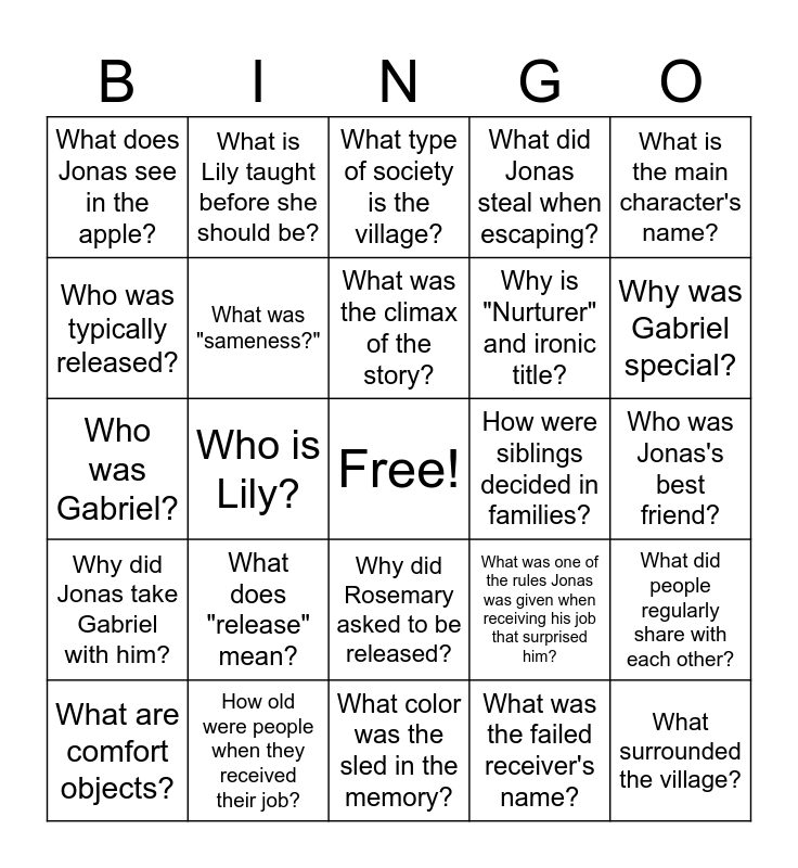 The Giver Bingo Card