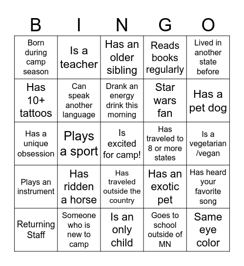 Camp Staff Bingo Card