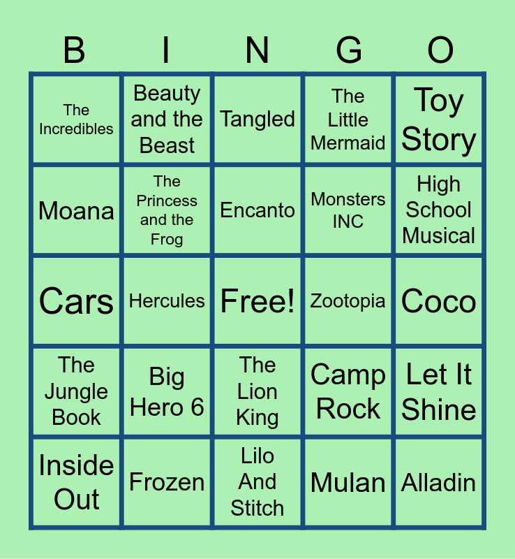 Disney Music Bingo Card