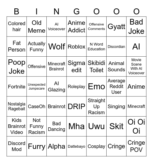 TikTok Cringe Bingo Card