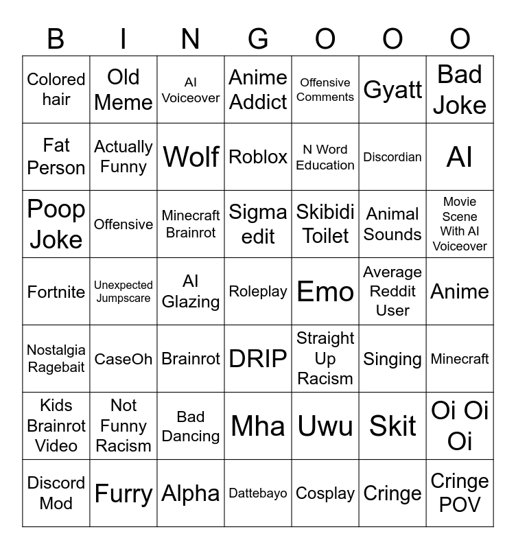 TikTok Cringe Bingo Card