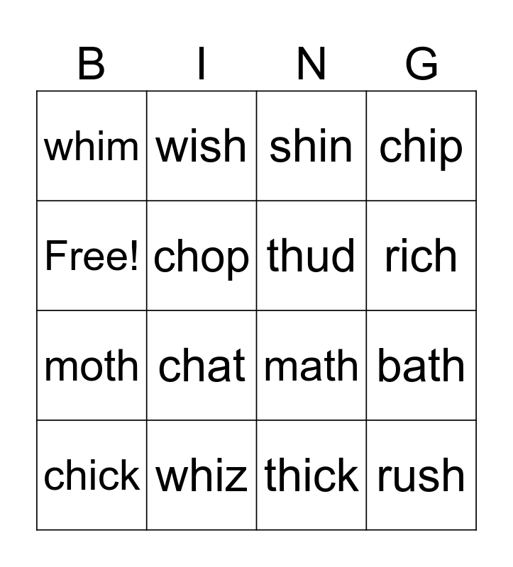 Digraph Bingo Card