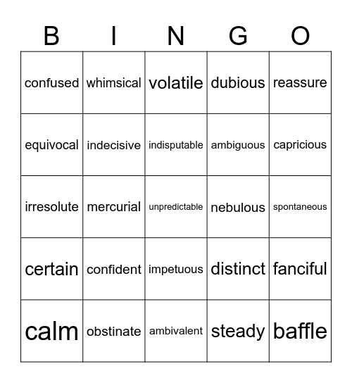 Uncertainty Words Bingo Card