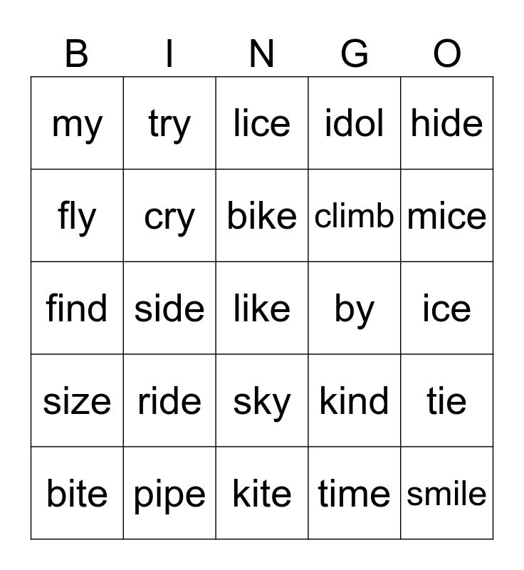 Long ‘I’ Bingo Card