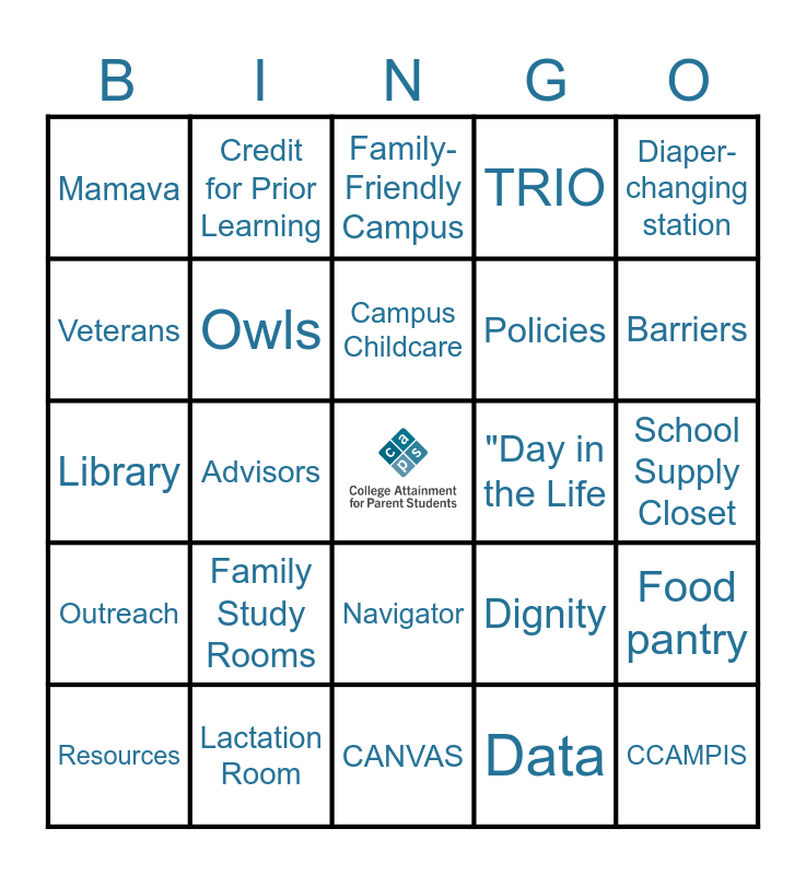 Parent Student Bingo Card