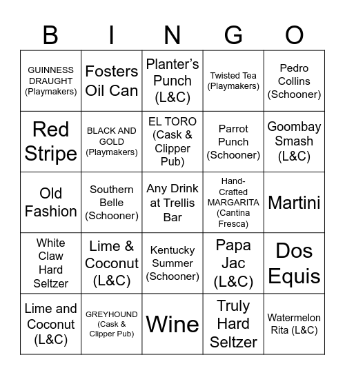 Cruise Ship Bar Bingo Card
