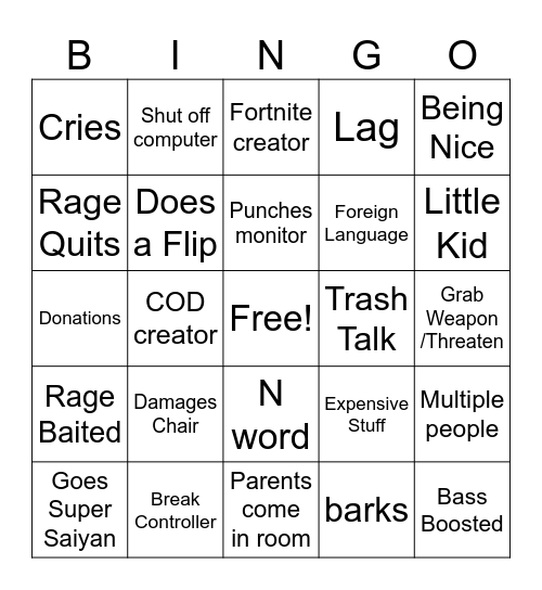 Streamer rage moments Bingo Card