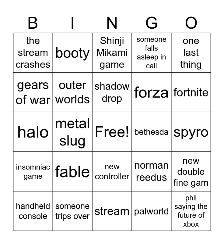 xbox showcase Bingo Card