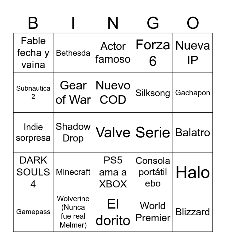 XBOX SHOWCASE Bingo Card