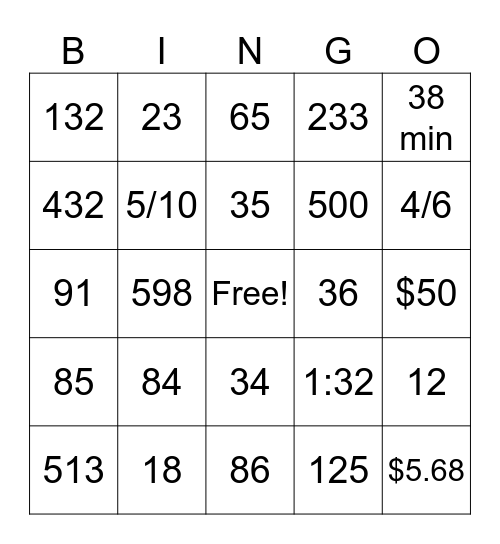 Math Challenge Bingo Card