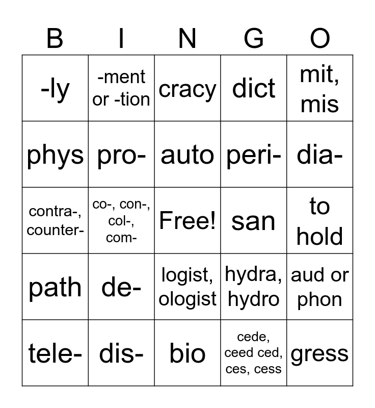 Morpheme Bingo Card