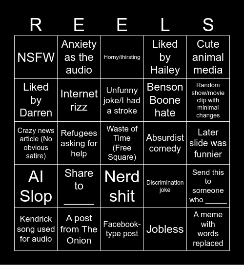 Matthew's IG Reels Bingo Card