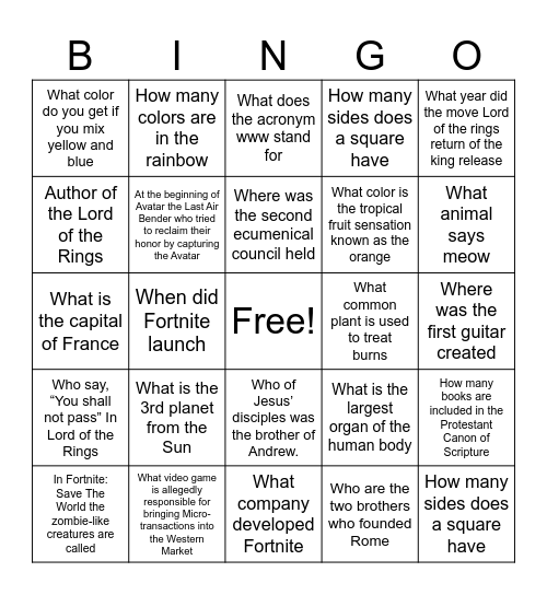 Trivia Bingo... It's real Bingo Card