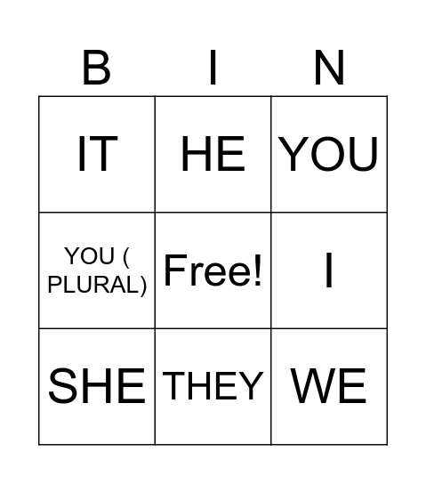Personal pronouns Bingo Card