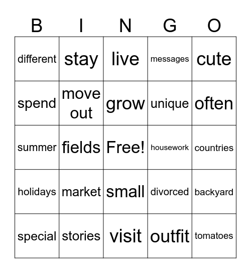 Unit 1 Bingo Card