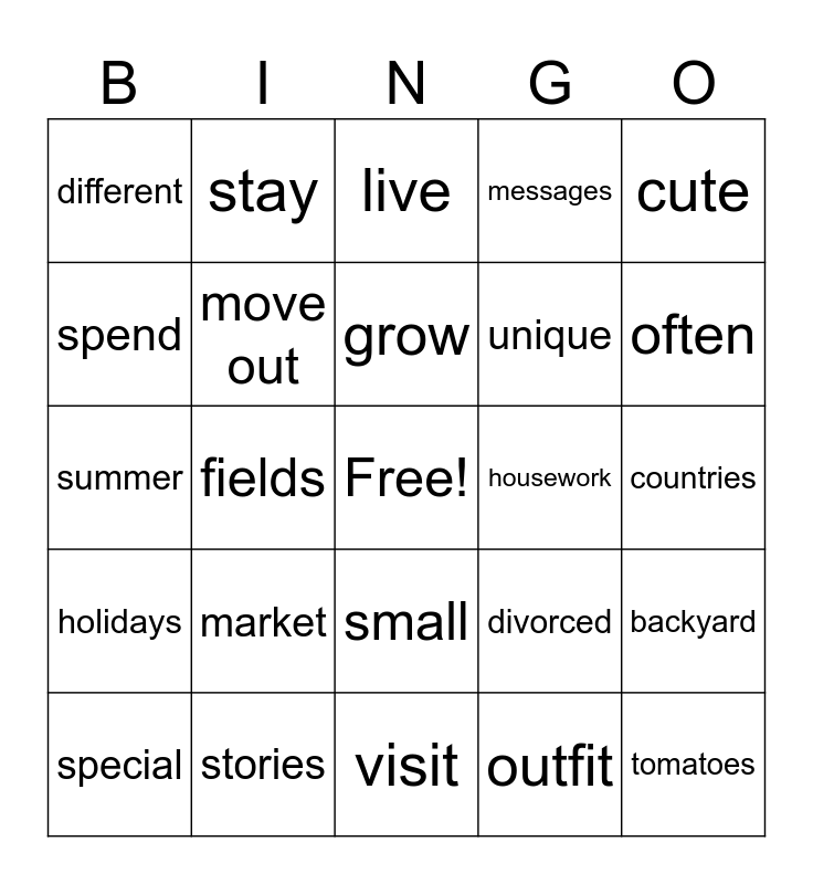 Unit 1 Bingo Card