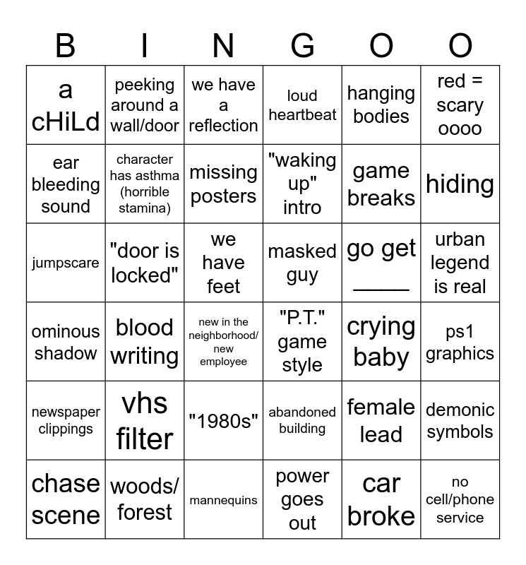 BunBrat Indie Horror Bingo Card
