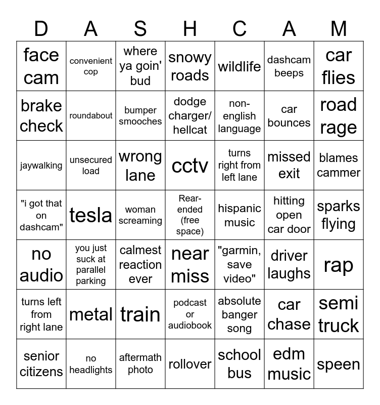 BunBrat Dashcam React Bingo Card