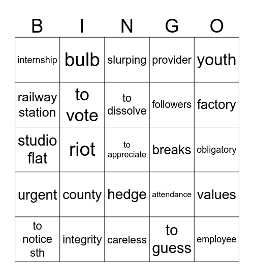 Vocabulary revision Bingo Card