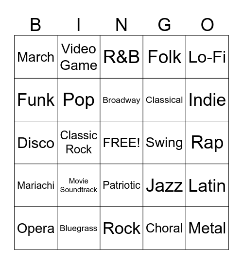 Music Genre Bingo Card