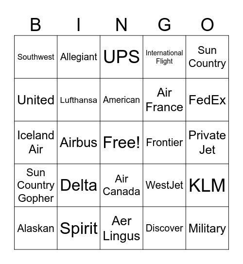 Airplane Bingo Card