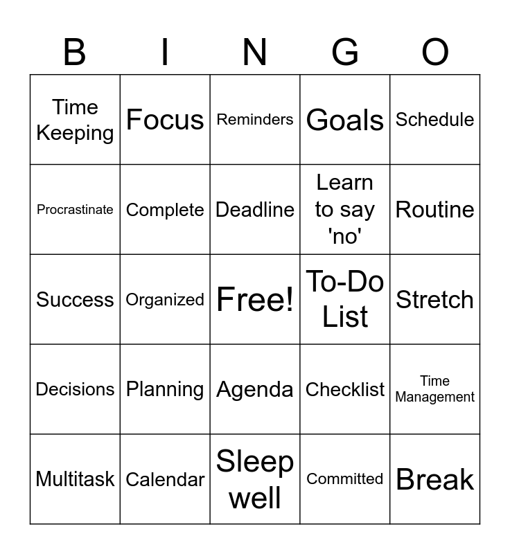Time Management Bingo Card