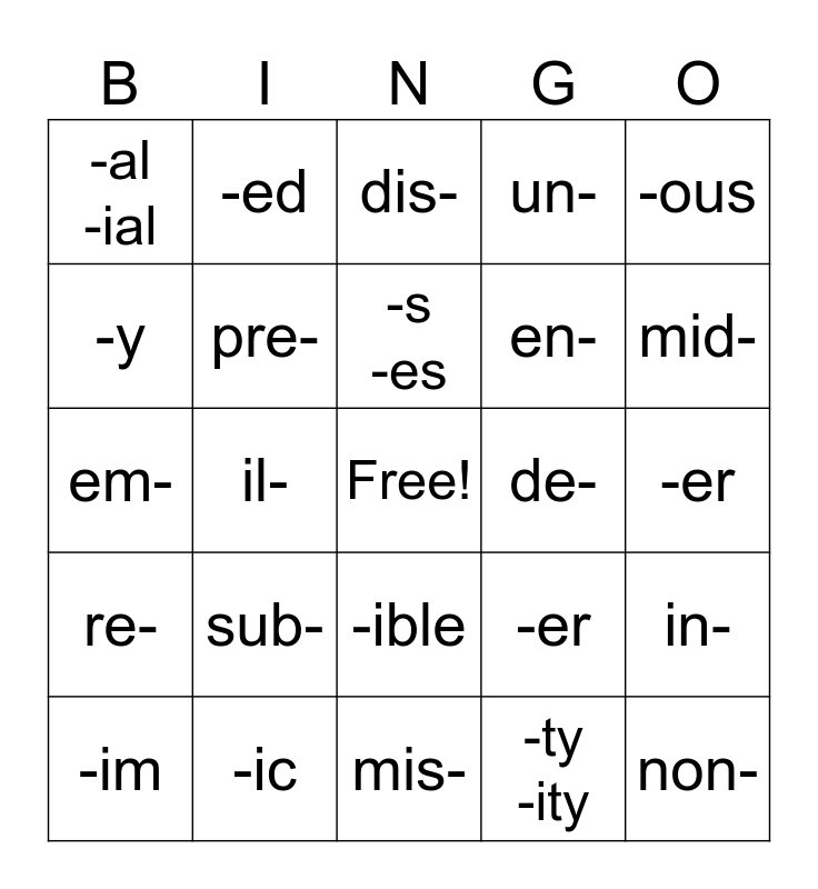 Prefix/Suffix Bingo #2 Bingo Card