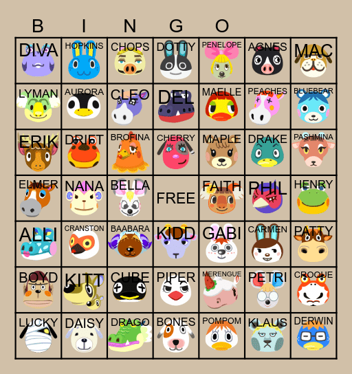ACNH Villager Hunt Bingo Card