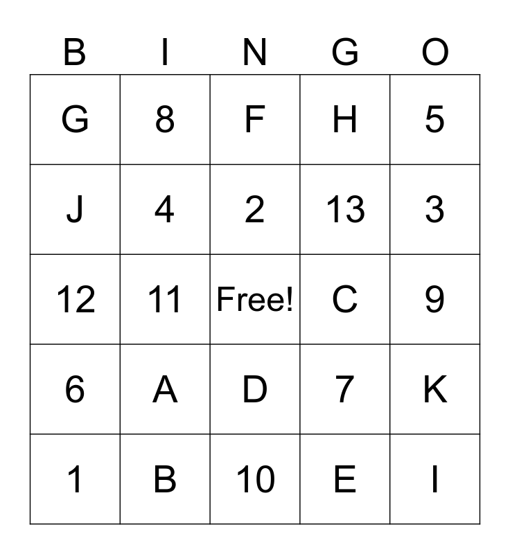 Number & Letter Bingo Card