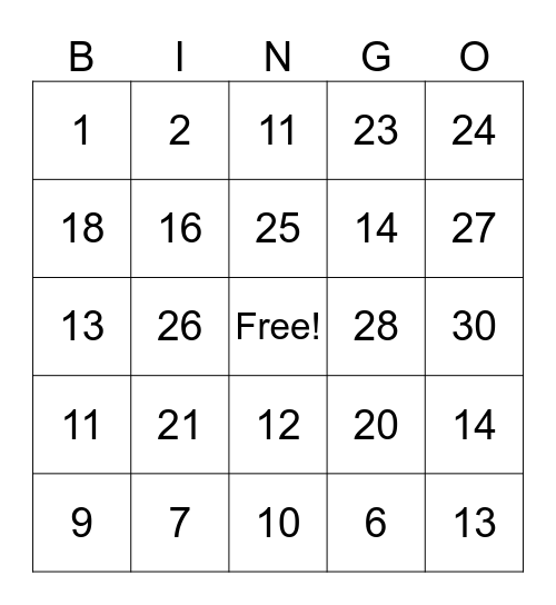 Numbers 1-30 Bingo Card