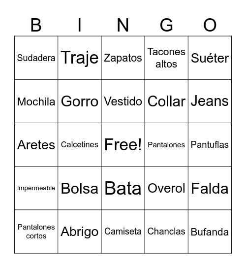 Bingo de Ropa Bingo Card