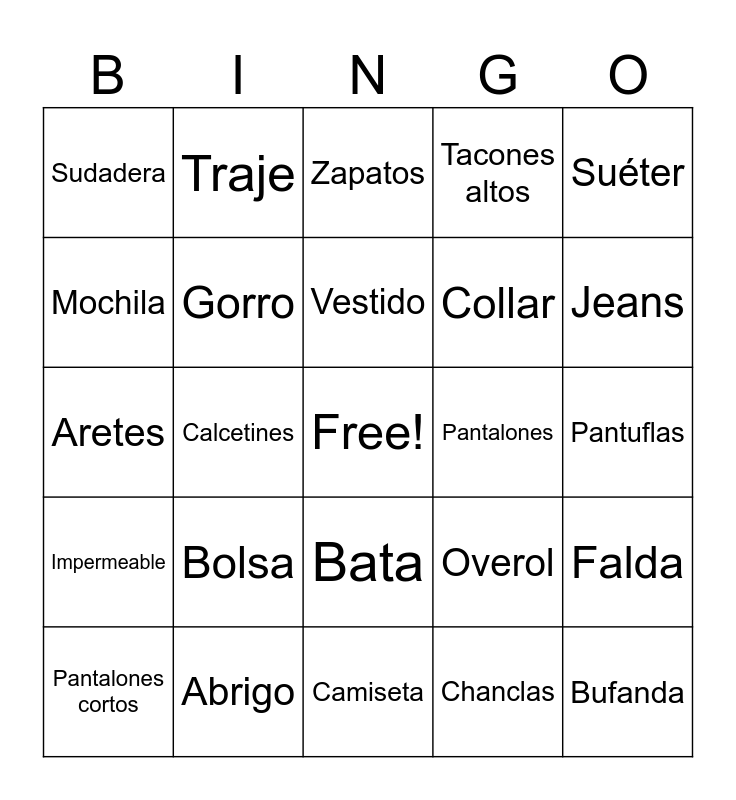 Bingo de Ropa Bingo Card