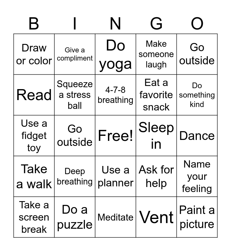 Stress Solutions Bingo Card
