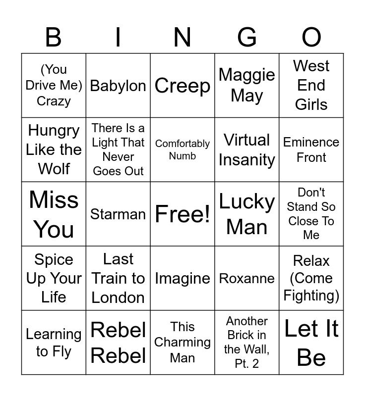 Trouvaille Music Bingo - British Invasion Bingo Card