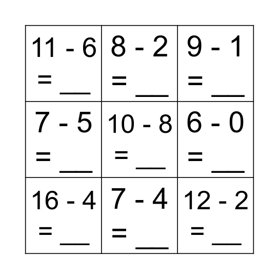 Number Bonds Bingo Card