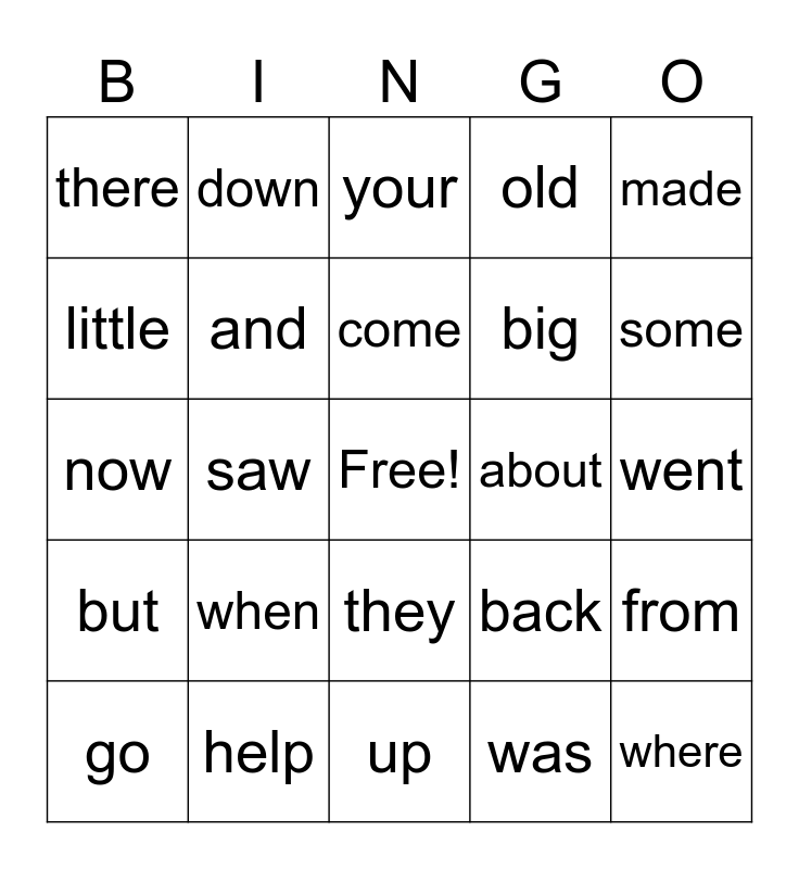 High Frequency word Bingo Card