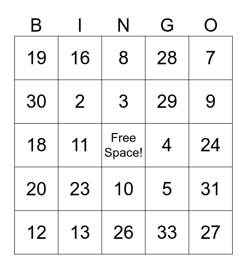Numbers Bingo Card